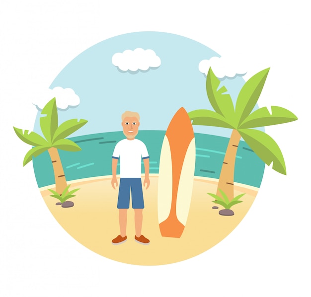 Premium Vector Young Guy Surfer On The Beach With A Surfboard