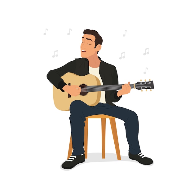 Premium Vector | Young man playing guitar and sings a song. Premium Vector | Young man playing guitar and sings a song.