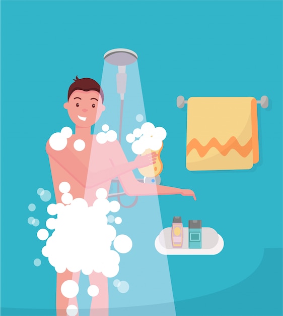 Premium Vector Young Man Taking Shower In Bathroom Guy Washing