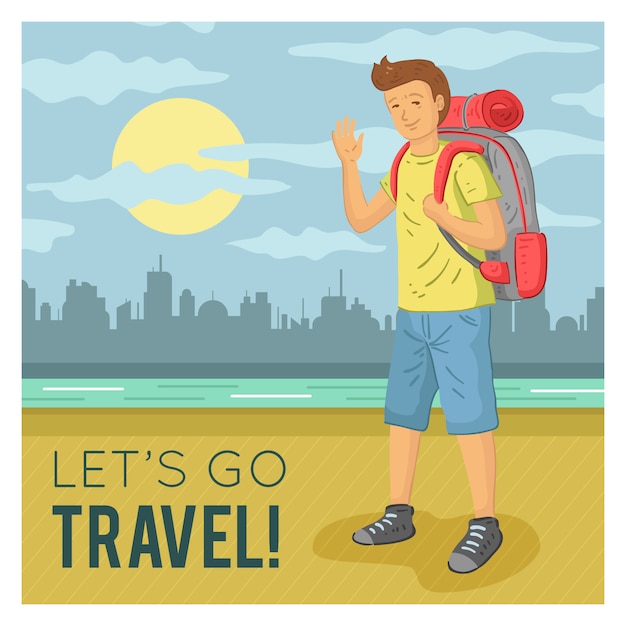 Premium Vector | Young man traveler with city silhouette background Premium Vector | Young man traveler with city silhouette background