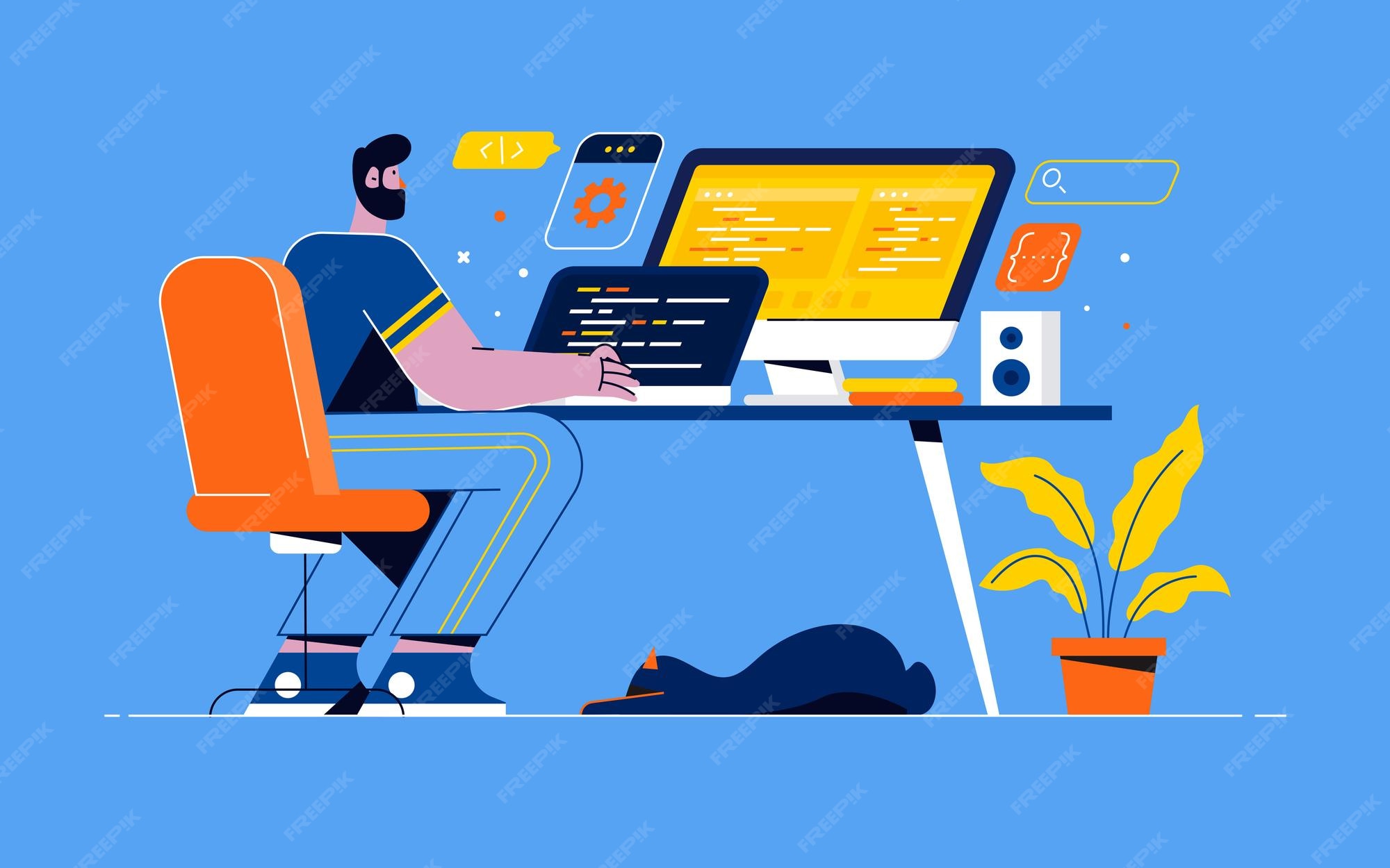 Premium Vector | Young programmer concentrated at working project. developing programming and ...