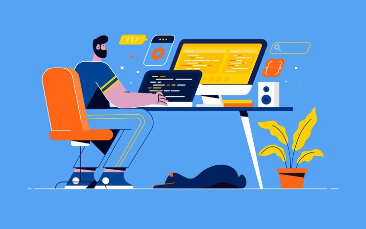 Premium Vector | Young programmer concentrated at working project ...