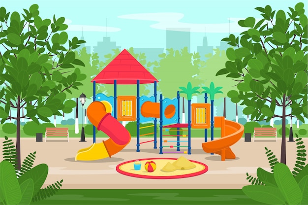 Aire De Jeux Pour Enfants Avec Toboggans Et Tube Dans Le Parc
