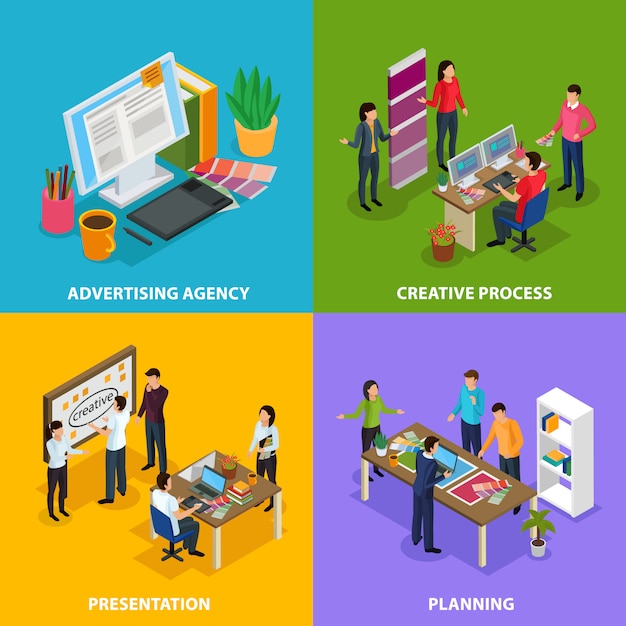 Concept De Conception Isométrique D'agence De Publicité Avec Lieu De ... Concept De Conception Isométrique D'agence De Publicité Avec Lieu De ...