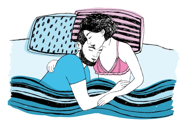 Couple De Couchage Heureux Romantique Sur Le Lit Jeunes Amoureux Illustration Colorée