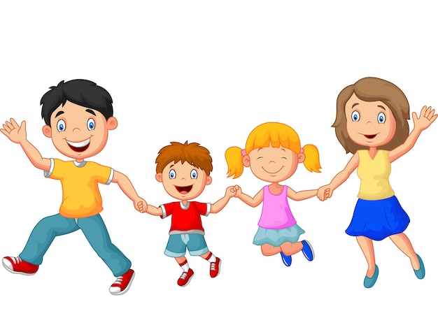 Famille Heureuse De Dessin Animé Agitant Les Mains Vecteur Premium