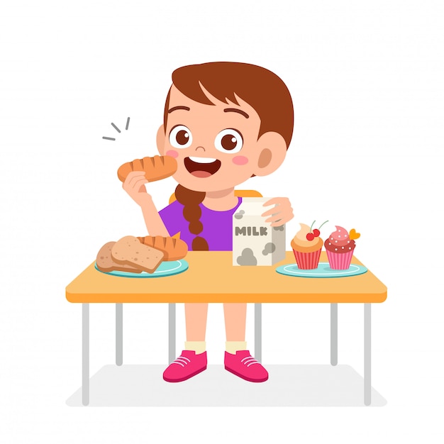 Fille Enfant Mignon Heureux Manger Des Aliments Sains | Vecteur Premium Fille Enfant Mignon Heureux Manger Des Aliments Sains | Vecteur Premium
