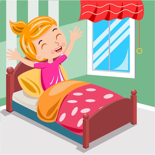 Fille Se Réveiller Le Matin Sur Le Vecteur De Lit | Vecteur Premium Fille Se Réveiller Le Matin Sur Le Vecteur De Lit | Vecteur Premium
