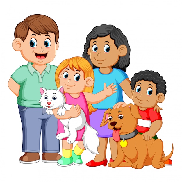 Grande Famille Avec Des Animaux Domestiques Vecteur Premium