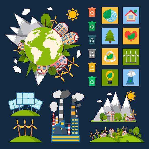 Green Eco Ecologie Symboles Ensemble Avec Globe Recyclage énergie Et