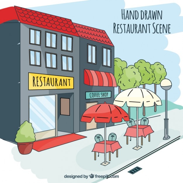 Hand Drawn Scène De Restaurant Vecteur Gratuite
