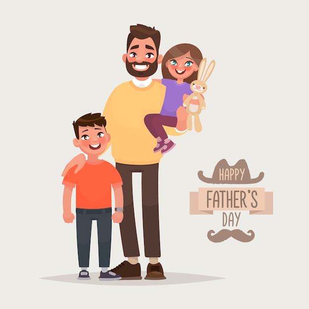 Joyeuse Fête Des Pères Père Avec Son Fils Et Sa Fille Carte De Voeux
