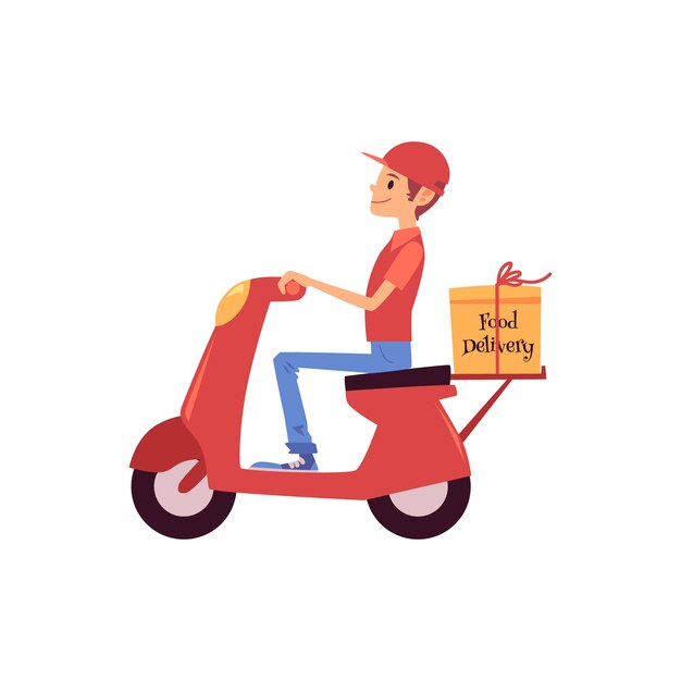 Livreur équitation Scooter Ou Moto Et Style De Bande Dessinée De Boîte Dexpédition Isolé Sur