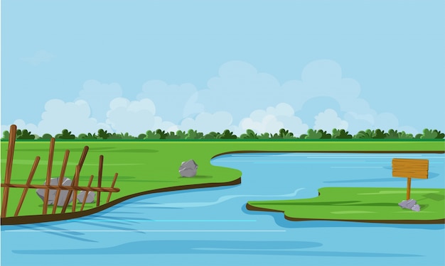 Nature Paysage Avec Rivière Et Champ Vert. | Vecteur Premium Nature Paysage Avec Rivière Et Champ Vert. | Vecteur Premium