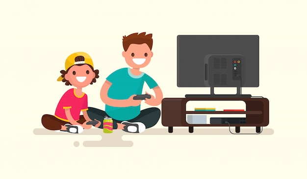 Père Et Fils Jouer à Des Jeux Vidéo Sur Une Illustration De Console De