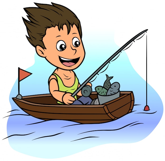 Personnage De Dessin Animé Garçon Pêche En Barque Vecteur Premium