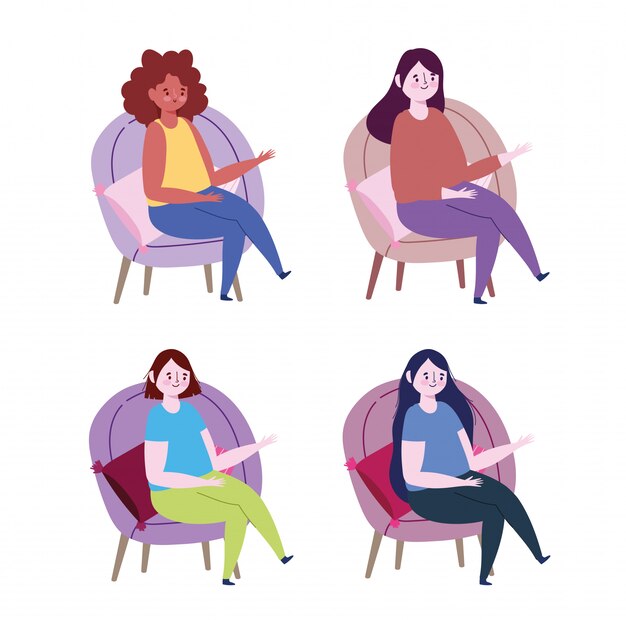 Personnages Féminins Assis Sur Des Chaises Avec Dessin Animé De ... Personnages Féminins Assis Sur Des Chaises Avec Dessin Animé De ...
