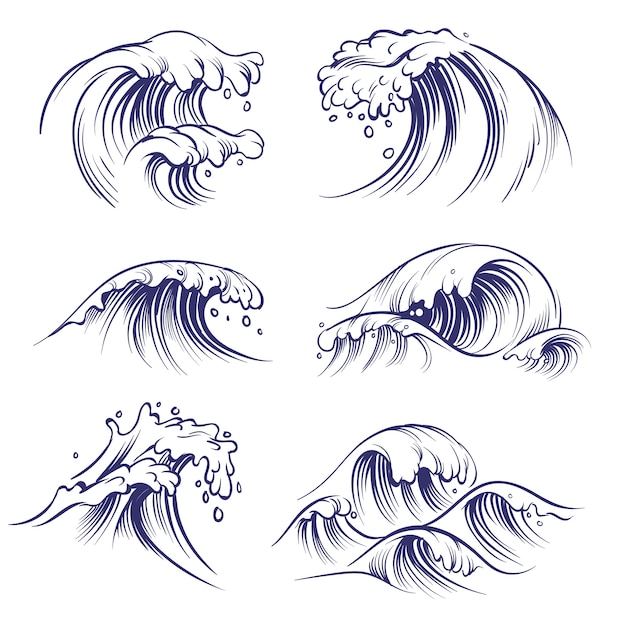 Vague De Croquis. éclaboussures De Vagues De L'océan. Collection De ... Vague De Croquis. éclaboussures De Vagues De L'océan. Collection De ...