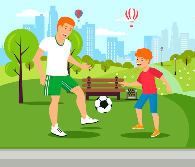 Vector Plate Papa Enseigne Joue Au Football Avec Son Fils Vecteur