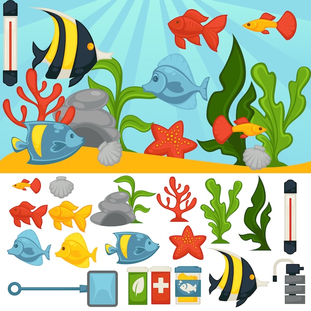Acuario peces tropicales y plantas vector set de accesorios. | Vector ... Acuario peces tropicales y plantas vector set de accesorios. | Vector ...