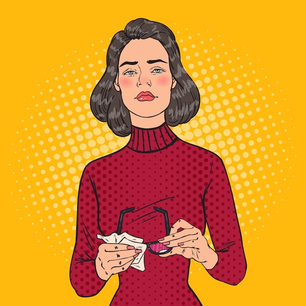 Arte pop hermosa mujer limpiando sus anteojos con un trapo | Vector Premium Arte pop hermosa mujer limpiando sus anteojos con un trapo | Vector Premium