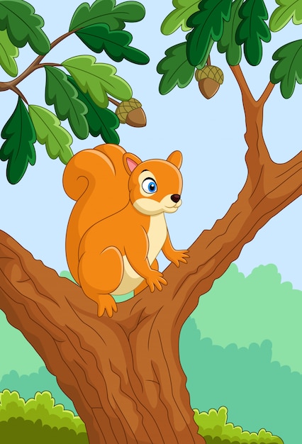 Cartoon Funny Squirrel On The Tree Vector Premium