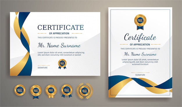 Certificado moderno en azul y oro con insignia de oro y plantilla de ... Certificado moderno en azul y oro con insignia de oro y plantilla de ...