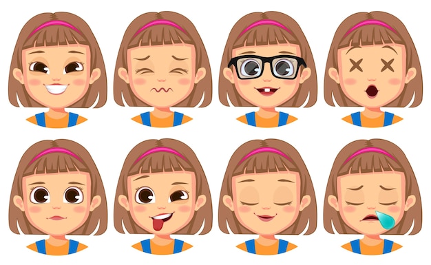 Colección de expresiones faciales de niña linda | Vector Premium Colección de expresiones faciales de niña linda | Vector Premium