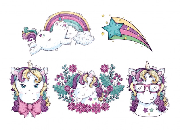 Colección de lindas cabezas de unicornio con estrella fugaz | Vector ... Colección de lindas cabezas de unicornio con estrella fugaz | Vector ...