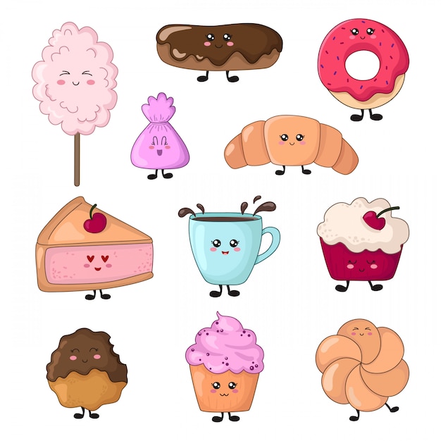 Conjunto De Comida Kawaii Dulces O Postres Personajes Vector Premium