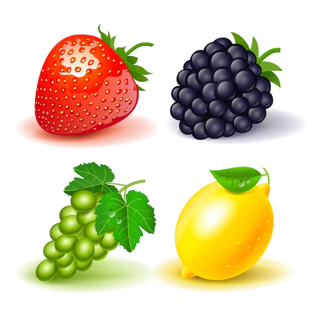 Conjunto de frutas: fresas, mora, uva y limón. aislado | Vector Premium Conjunto de frutas: fresas, mora, uva y limón. aislado | Vector Premium