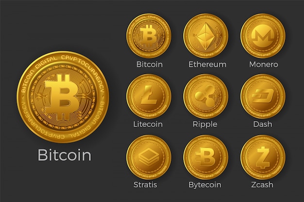 Conjunto de iconos de moneda de criptomoneda dorada | Vector Premium Conjunto de iconos de moneda de criptomoneda dorada | Vector Premium