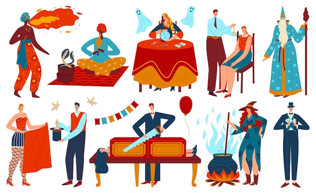 Conjunto de ilustración de vector de gente de mago mago. colección de ... Conjunto de ilustración de vector de gente de mago mago. colección de ...