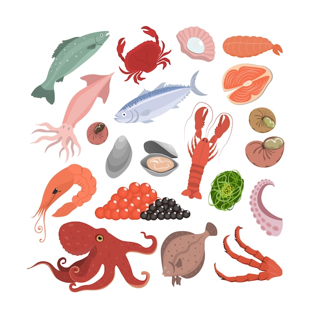 Conjunto de mariscos. pescado y cangrejo, camarones y pulpo. | Vector ... Conjunto de mariscos. pescado y cangrejo, camarones y pulpo. | Vector ...