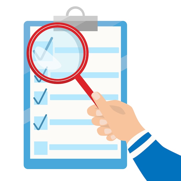 Contrato De Negocio De Vector Y Lupa Lista De Verificación Icono Plana