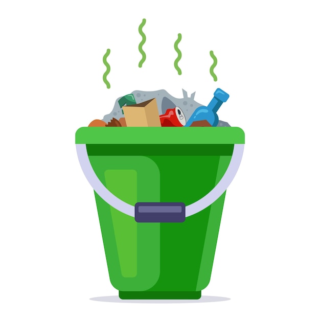 Cubo Verde Lleno De Basura Basura Doméstica Vector Premium