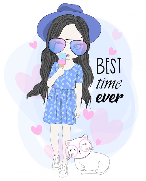 Dibujado a mano linda chica con gato | Vector Premium Dibujado a mano linda chica con gato | Vector Premium