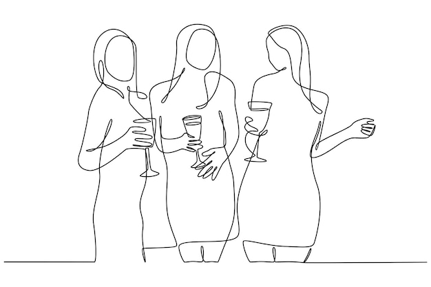 Dibujo De Línea Continua De Una Mujer De Fiesta Con Bebidas Juntos