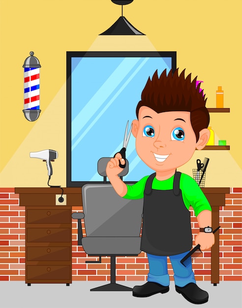 Dibujos Animados De Niño Barbero Vector Premium