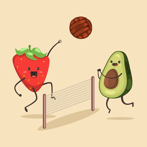 Divertido Juego De Aguacate Y Fresa En Voleibol De Playa Personaje De