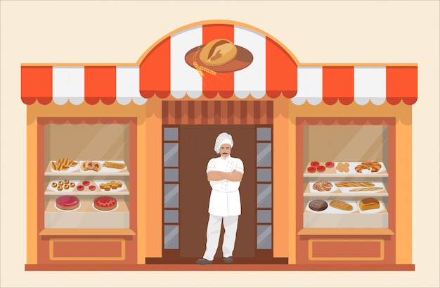 Edificio de panadería con productos de panadería y panadería. | Vector ... Edificio de panadería con productos de panadería y panadería. | Vector ...