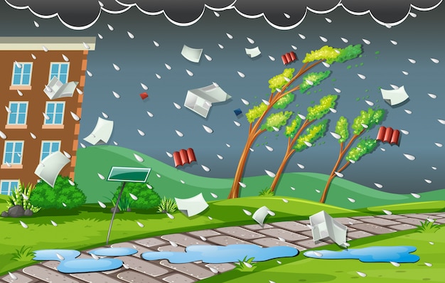 Escena de tormenta con lluvia y viento | Vector Premium Escena de tormenta con lluvia y viento | Vector Premium