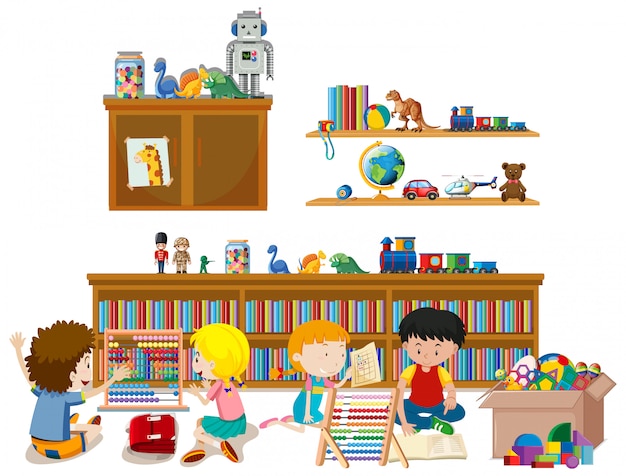 Estante Lleno De Libros Y Juguetes Aislados Vector Gratis