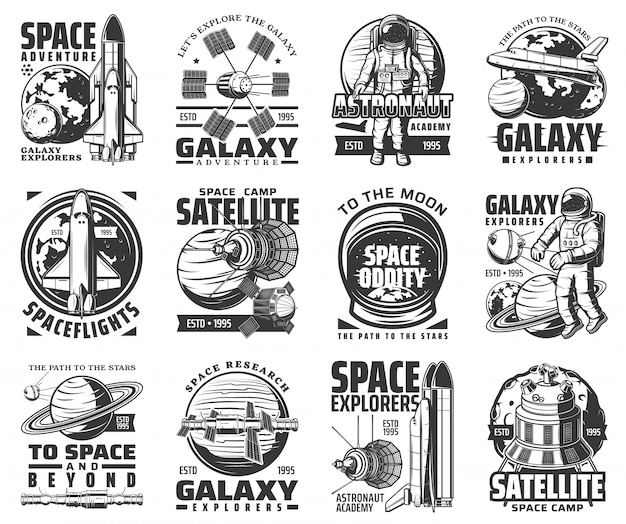 Exploración del espacio exterior, galaxia, iconos de astronautas ... Exploración del espacio exterior, galaxia, iconos de astronautas ...