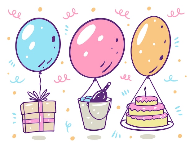 Feliz cumpleaños. globos con caja de regalo, champagne y tarta. en ... Feliz cumpleaños. globos con caja de regalo, champagne y tarta. en ...