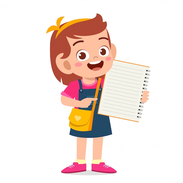 Feliz lindo niño niña sostenga cuaderno y lápiz | Vector Premium Feliz lindo niño niña sostenga cuaderno y lápiz | Vector Premium
