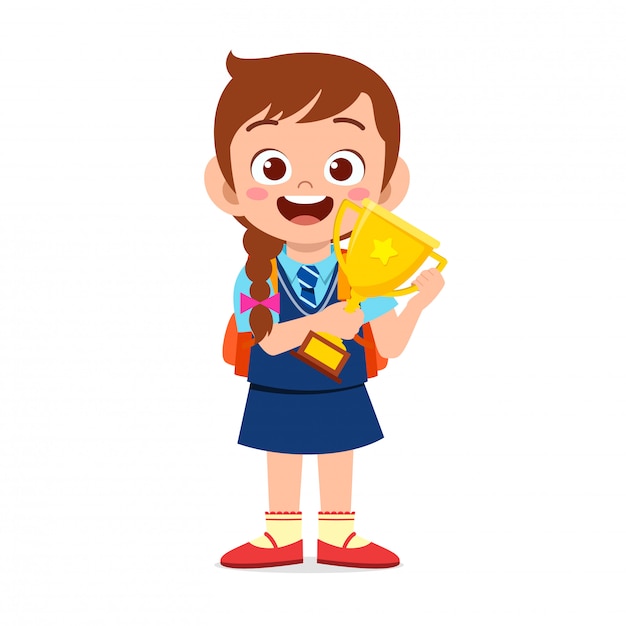 Feliz niña niño lindo con trofeo | Vector Premium Feliz niña niño lindo con trofeo | Vector Premium