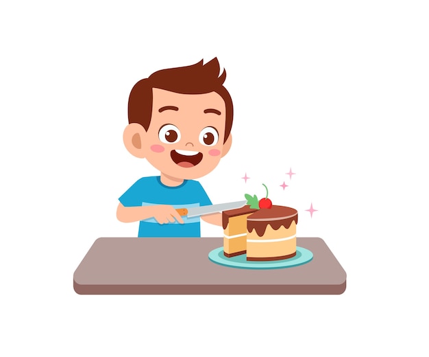 Feliz niño lindo niño comer un pastel de cumpleaños | Vector Premium Feliz niño lindo niño comer un pastel de cumpleaños | Vector Premium