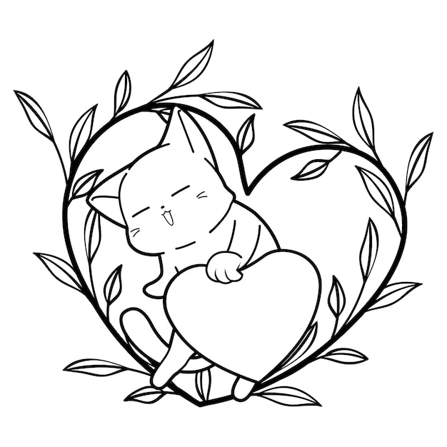 Gatito Con Personaje De Dibujos Animados De Corazón Para Colorear Página 7 Vector Premium
