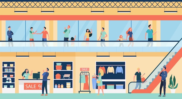 Gente De Compras En La Ilustración Plana Del Centro Comercial De La Ciudad Compradores De